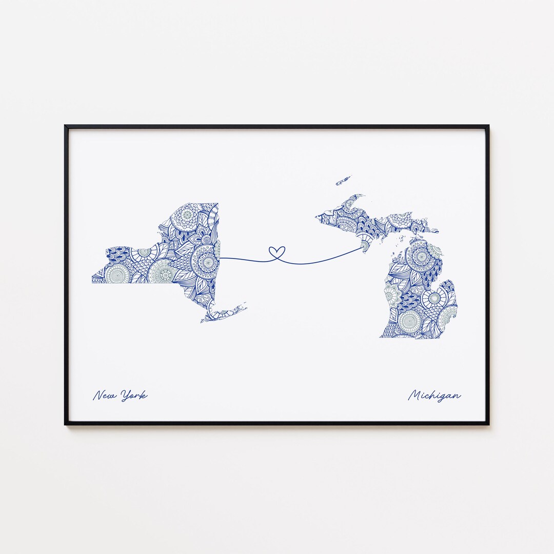 New York Michigan Map Print, Two States Friendship Gift, Borderless ...