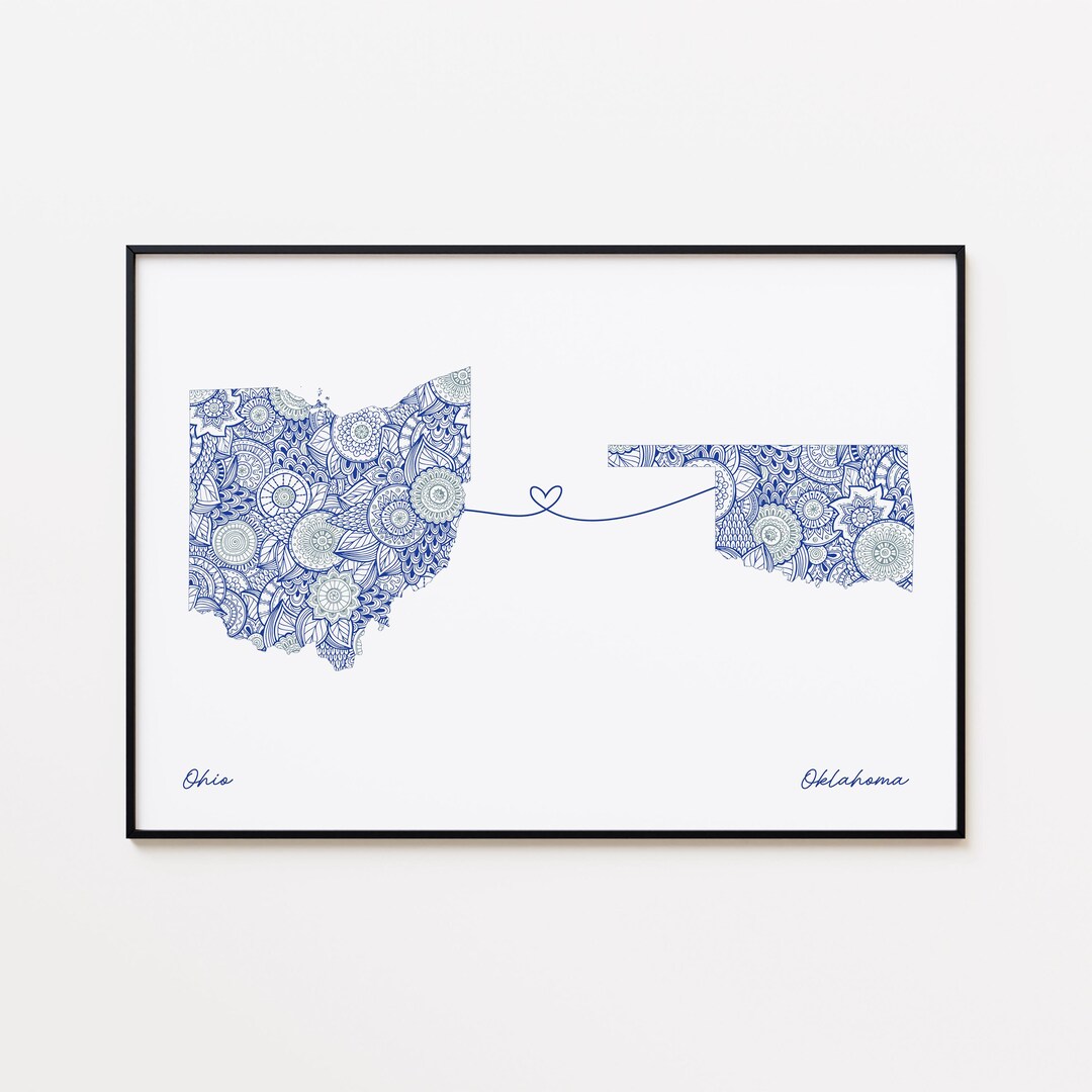 Ohio Oklahoma Map Print, Two States Friendship Gift, Long Distance ...