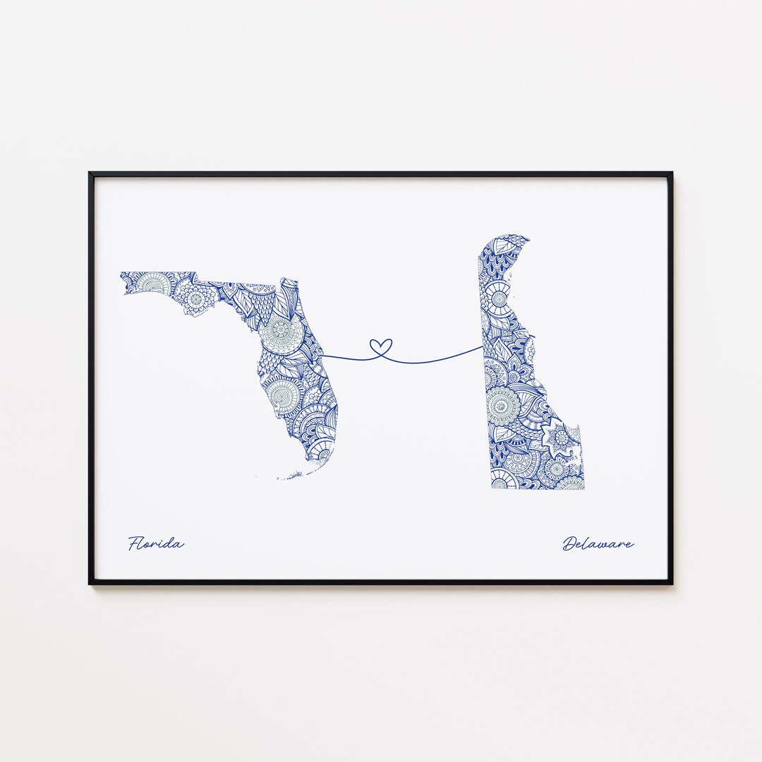 Florida Delaware Map Print, Two States Travel Art, Faraway Love Gift - Etsy