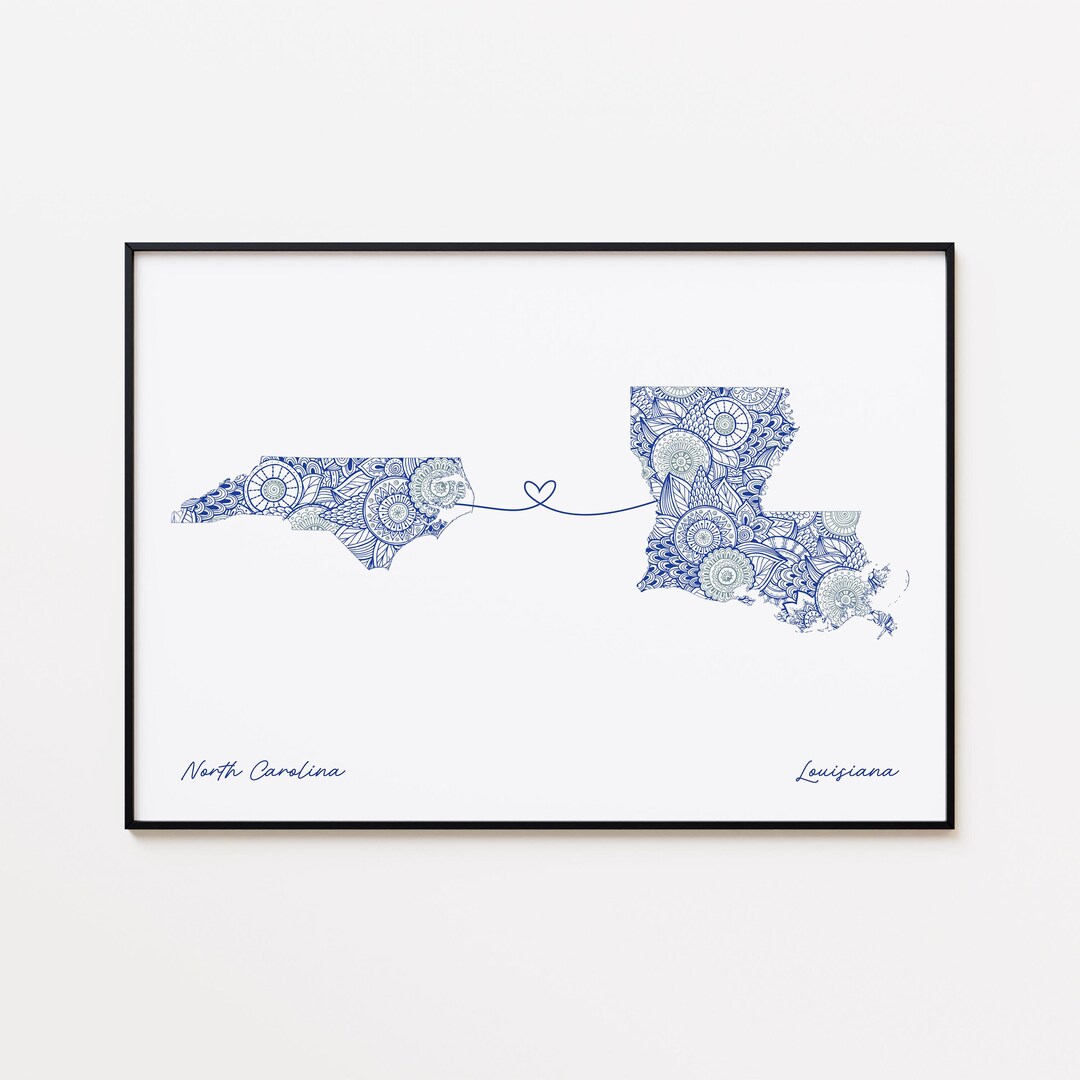North Carolina Louisiana Map Print, State Heart Map, Borderless Love ...