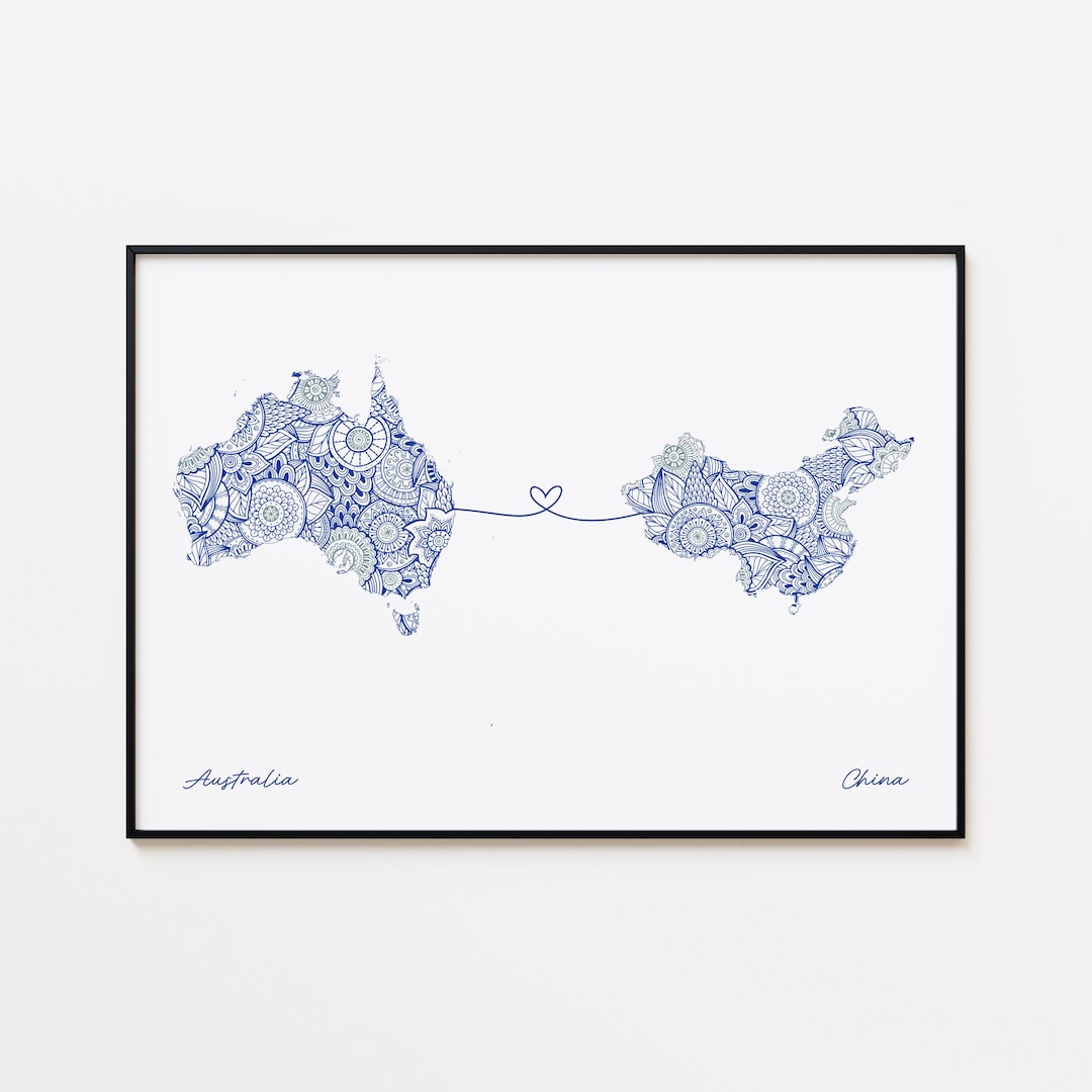 Australia China Map Print, Two Countries Travel Art, Minimal Travel ...
