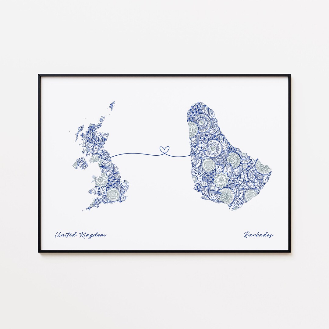 United Kingdom Barbados Map Print, Countries Connection Map, Moving ...