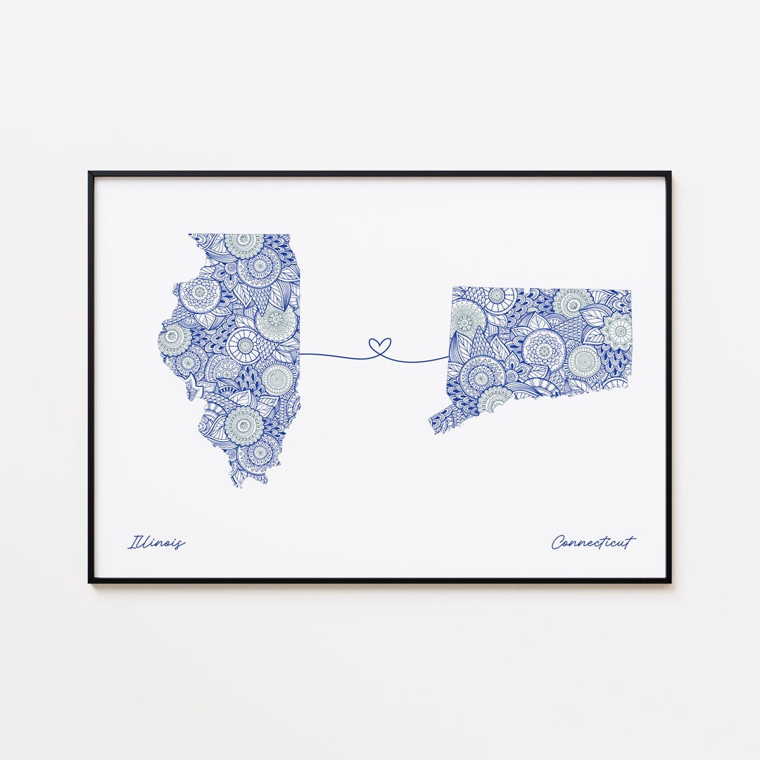 Illinois Connecticut Map Print, State Connection Print, Long Distance ...
