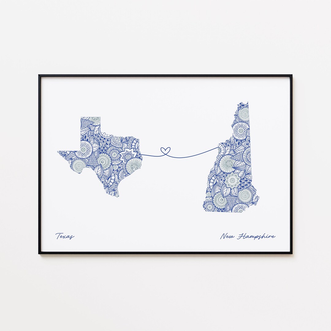 Texas New Hampshire Map Print, State Heart Map, Housewarming Gift - Etsy