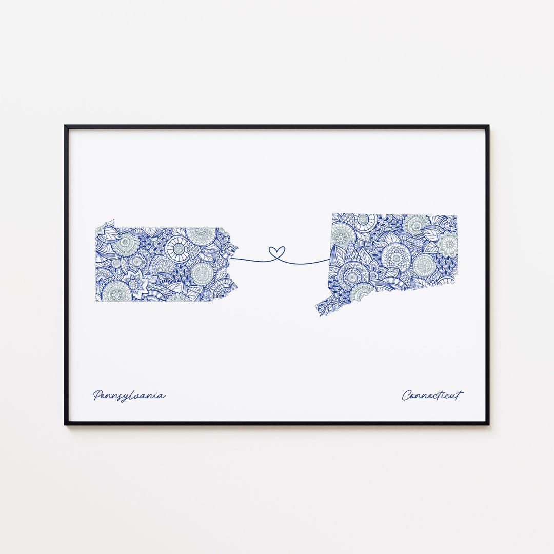 Pennsylvania Connecticut Map Print, State Heart Map, Dual Citizenship ...