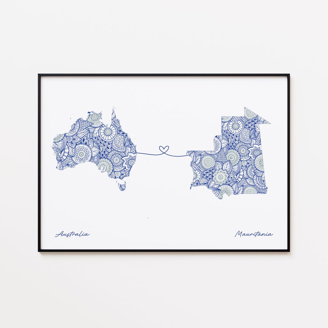 Australia Mauritania Map Print, Country Connection Art, Moving Away ...