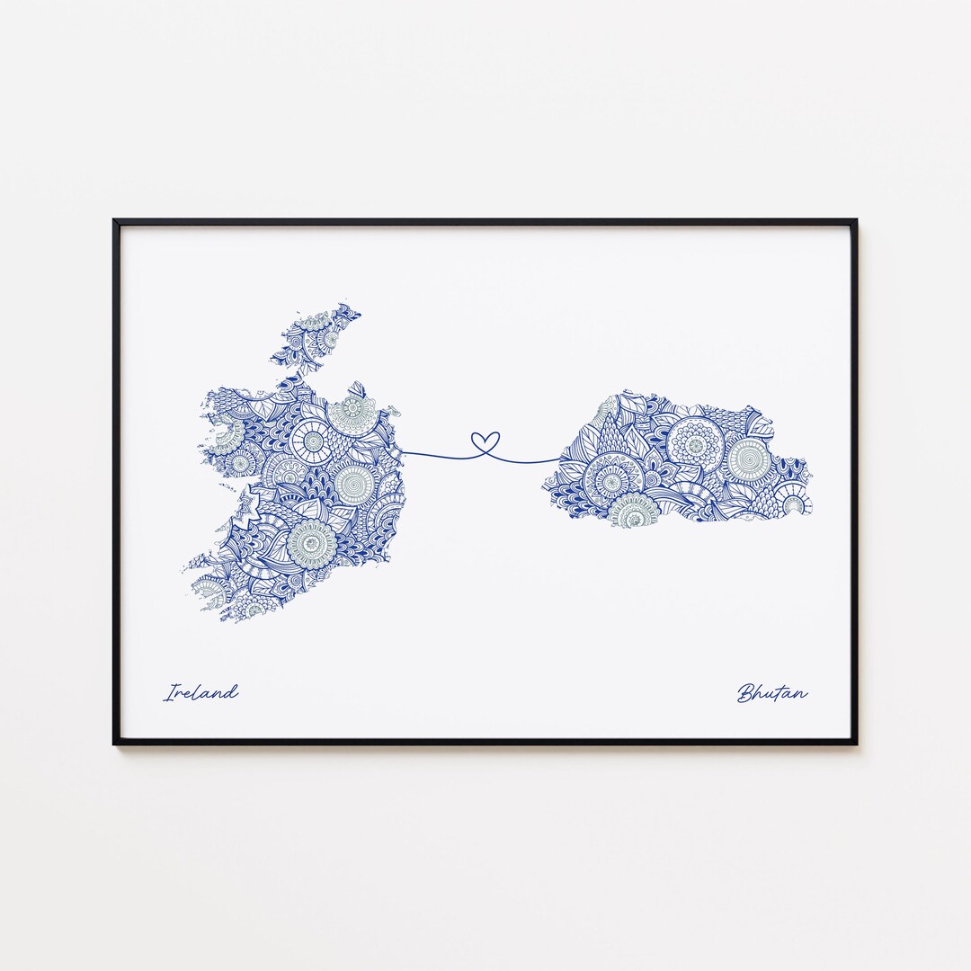 Ireland Bhutan Map Print, Two Countries Friendship Gift, Dual ...