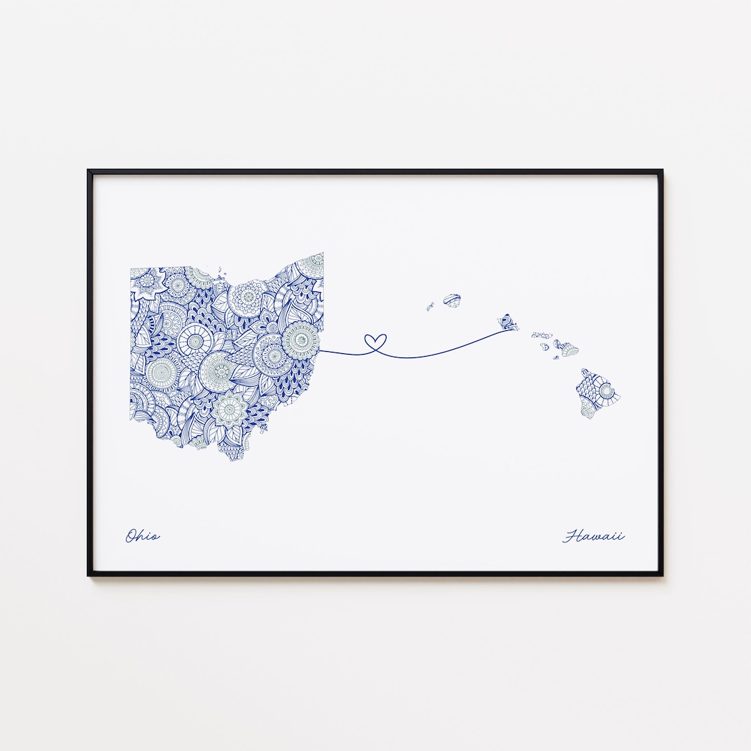 Ohio Hawaii Map Print, Two States Friendship Gift, Long Distance ...