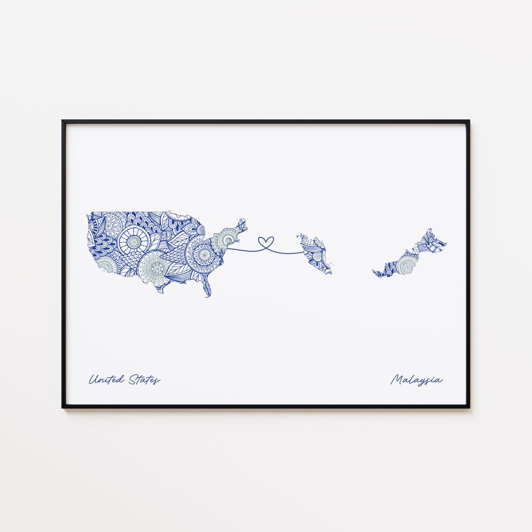 USA Malaysia Map Print, Country Connection Wall Art, Dual Citizenship ...