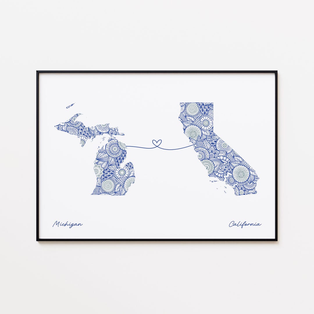 Michigan California Map Print, State Heart Map, Farewell Gift - Etsy