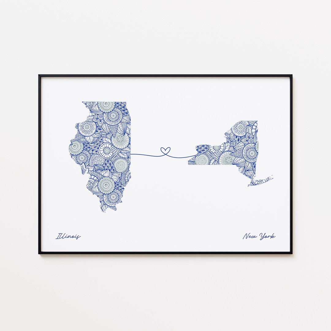 Illinois New York Map Print, State Heart Map, Friendship Map Print - Etsy