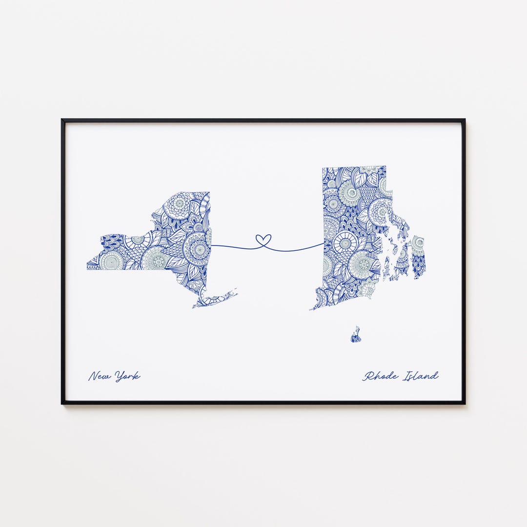 New York Rhode Island Map Print, State Connection Print, Long Distance ...
