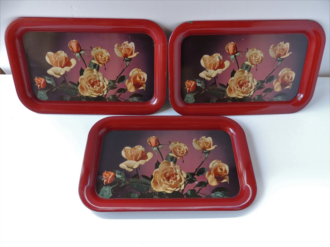 Vintage Metal Serving Trays Red With Yellow Roses – Set of 3 / Metal ...