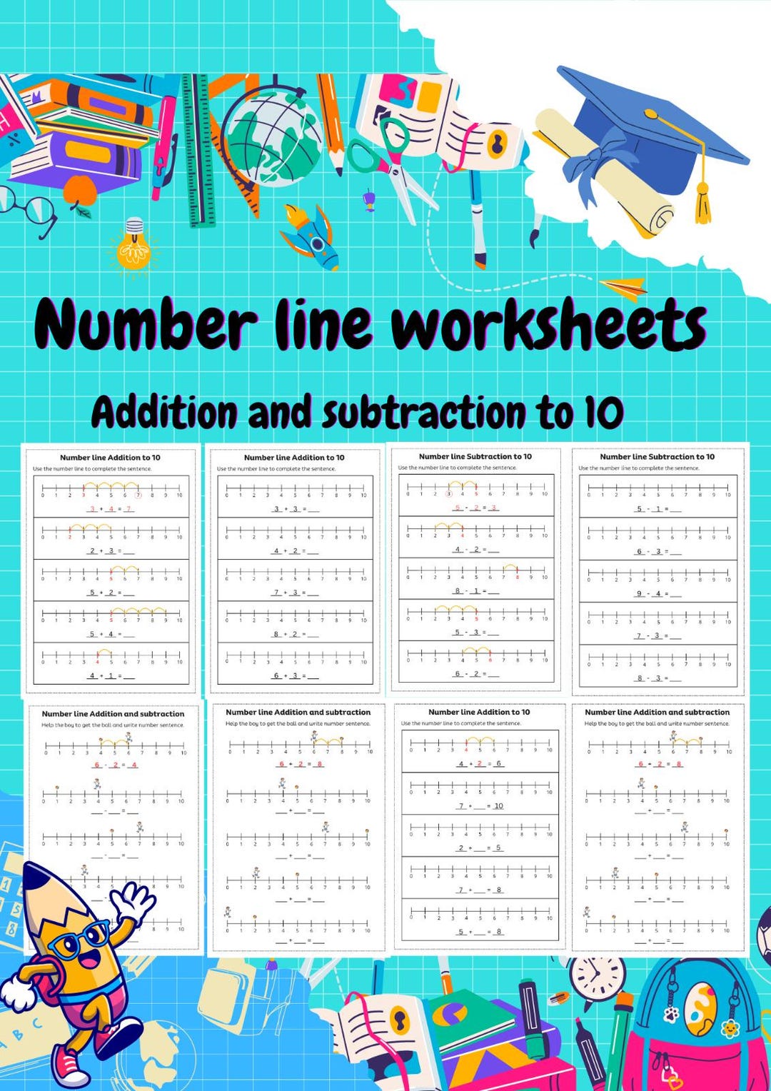 Addition & Subtraction Using Number Line up to 10 Kindergarten Math ...