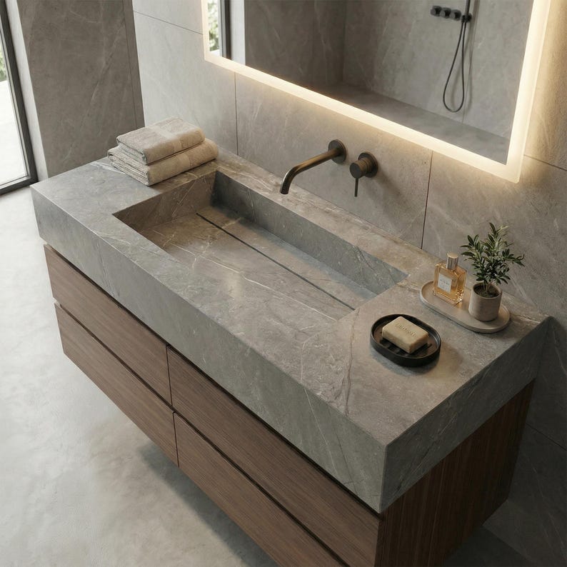 Marble Look Porcelain Sink Handmade – Grey Stone Effect Modern Bathroom ...