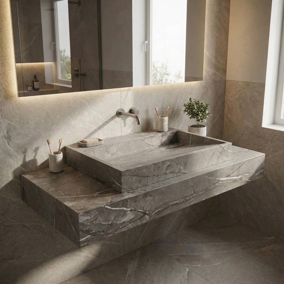 Marble Look Porcelain Sink With Floating Vanity – Modern Stone Effect ...