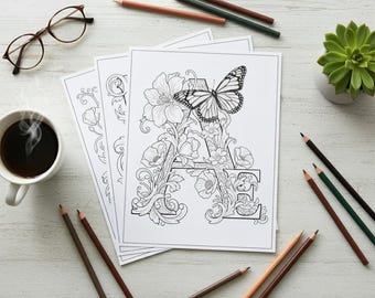 Floral Butterfly Alphabet Coloring Pages A-Z – Printable Monogram (PDF ...