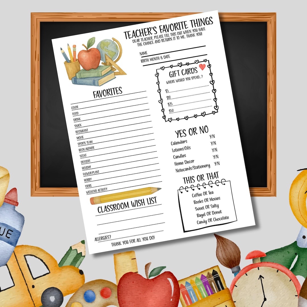 Teacher’s Favorite Things Printable - Etsy