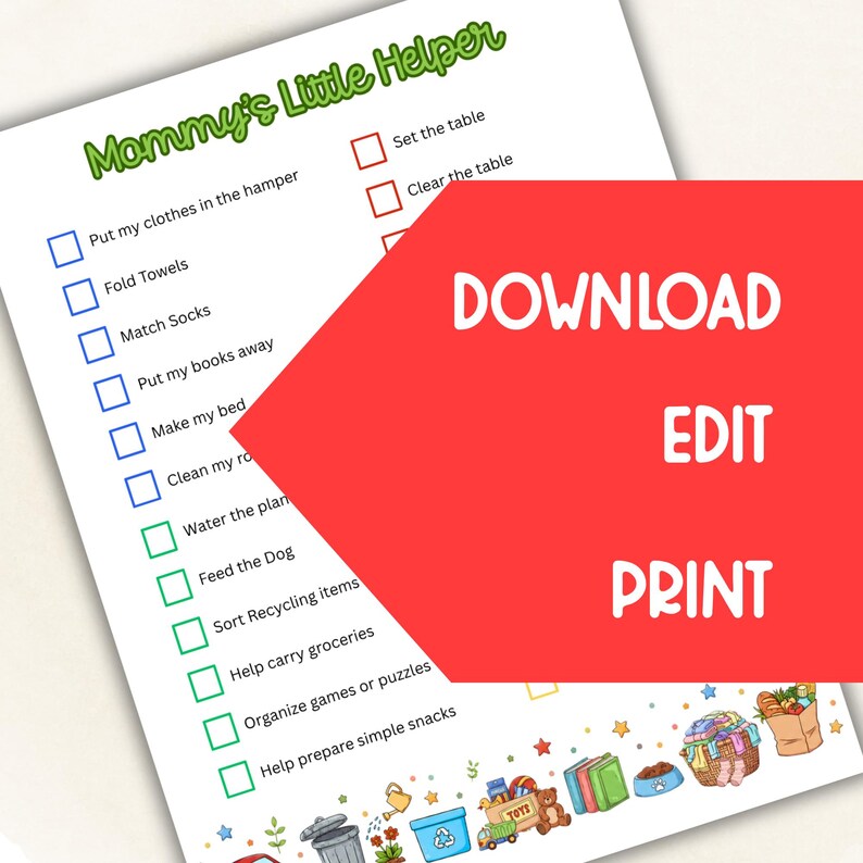 Mommy's Little Helper Chore Chart, Kids Summer Routine Checklist (PDF ...