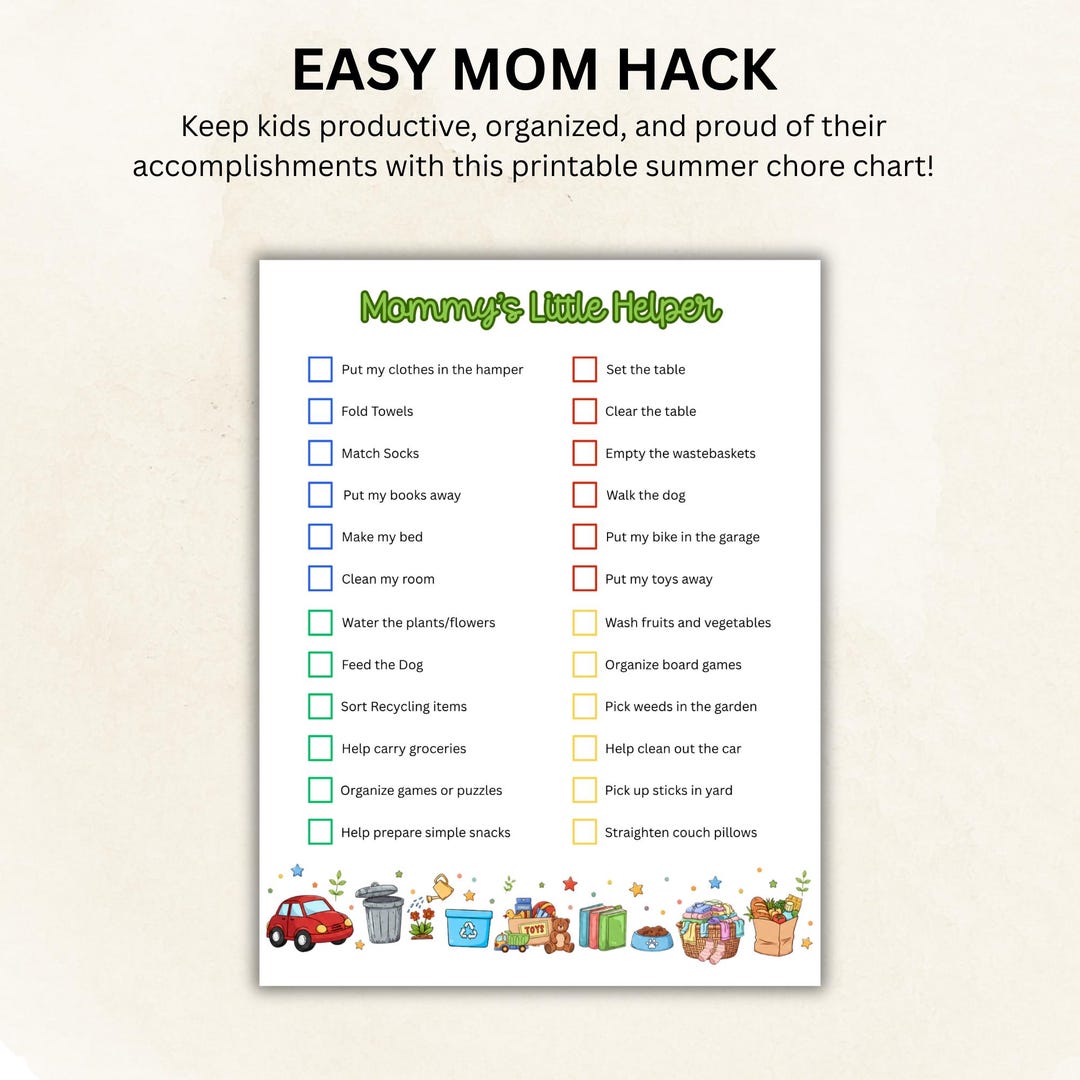 Mommy's Little Helper Chore Chart, Kids Summer Routine Checklist (PDF ...