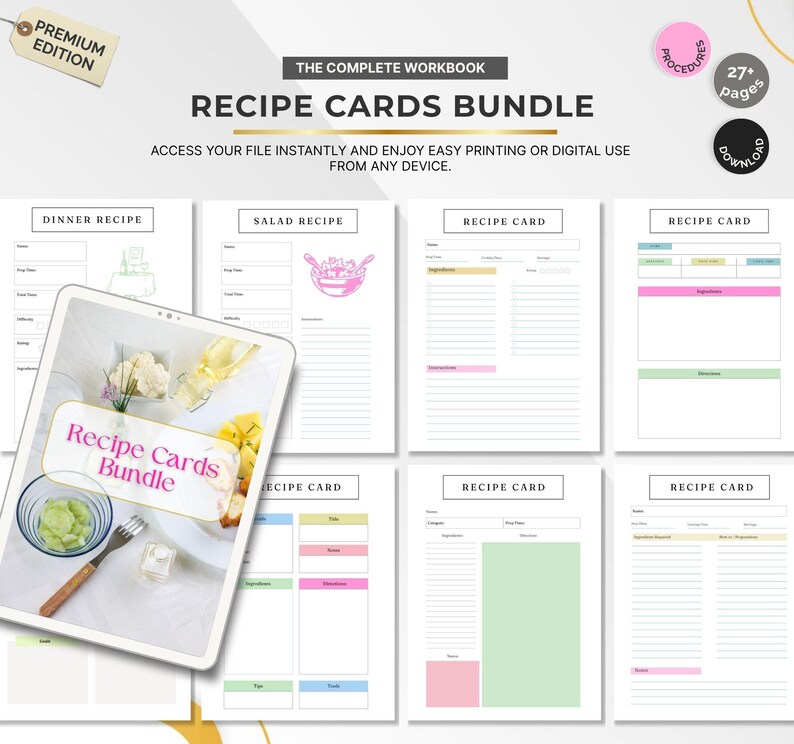 Recipe Card Bundle Printable: Kitchen Meal Planner & Cooking Organizer ...