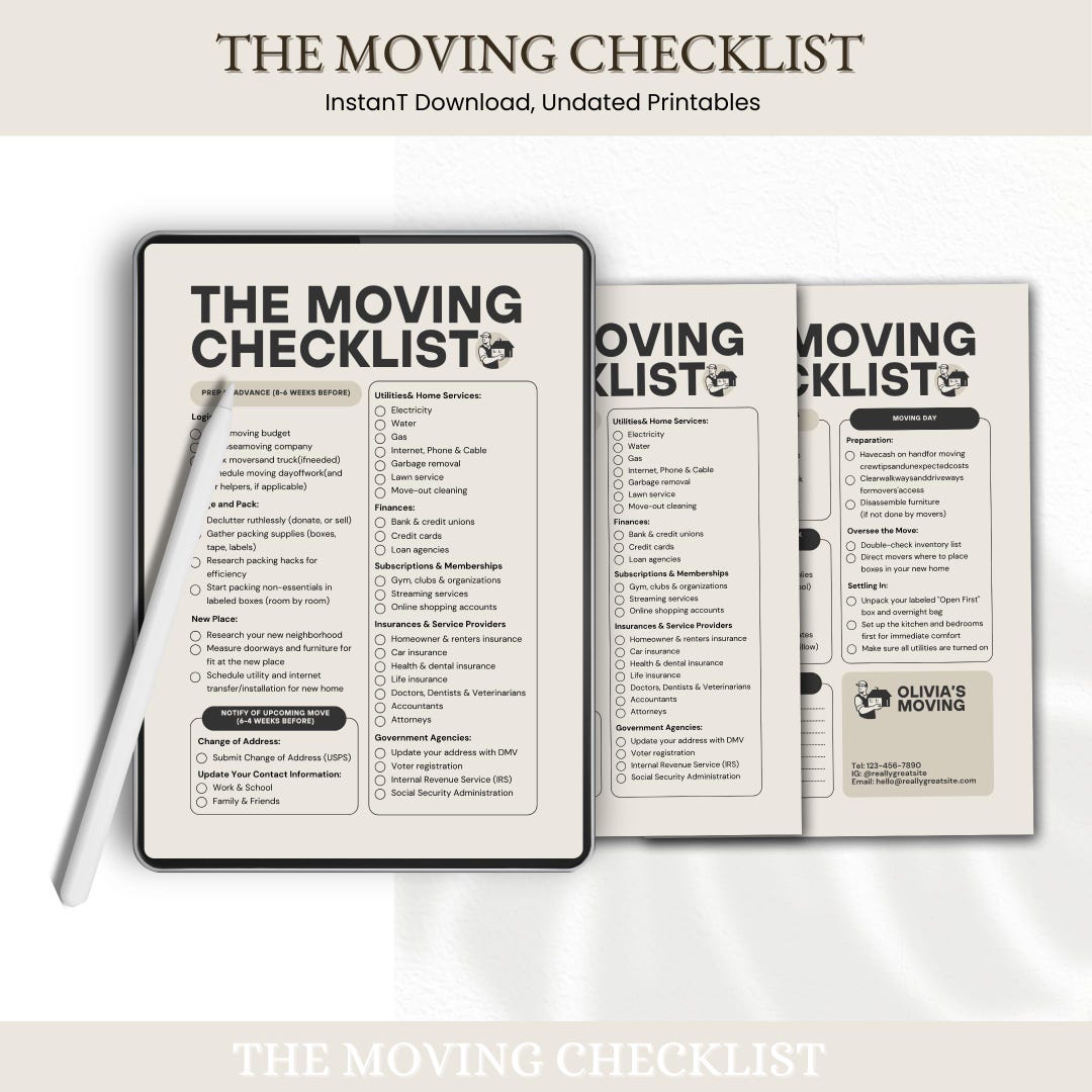 Minimalist Moving Checklist | Beige & Black Printable Planner (PDF ...