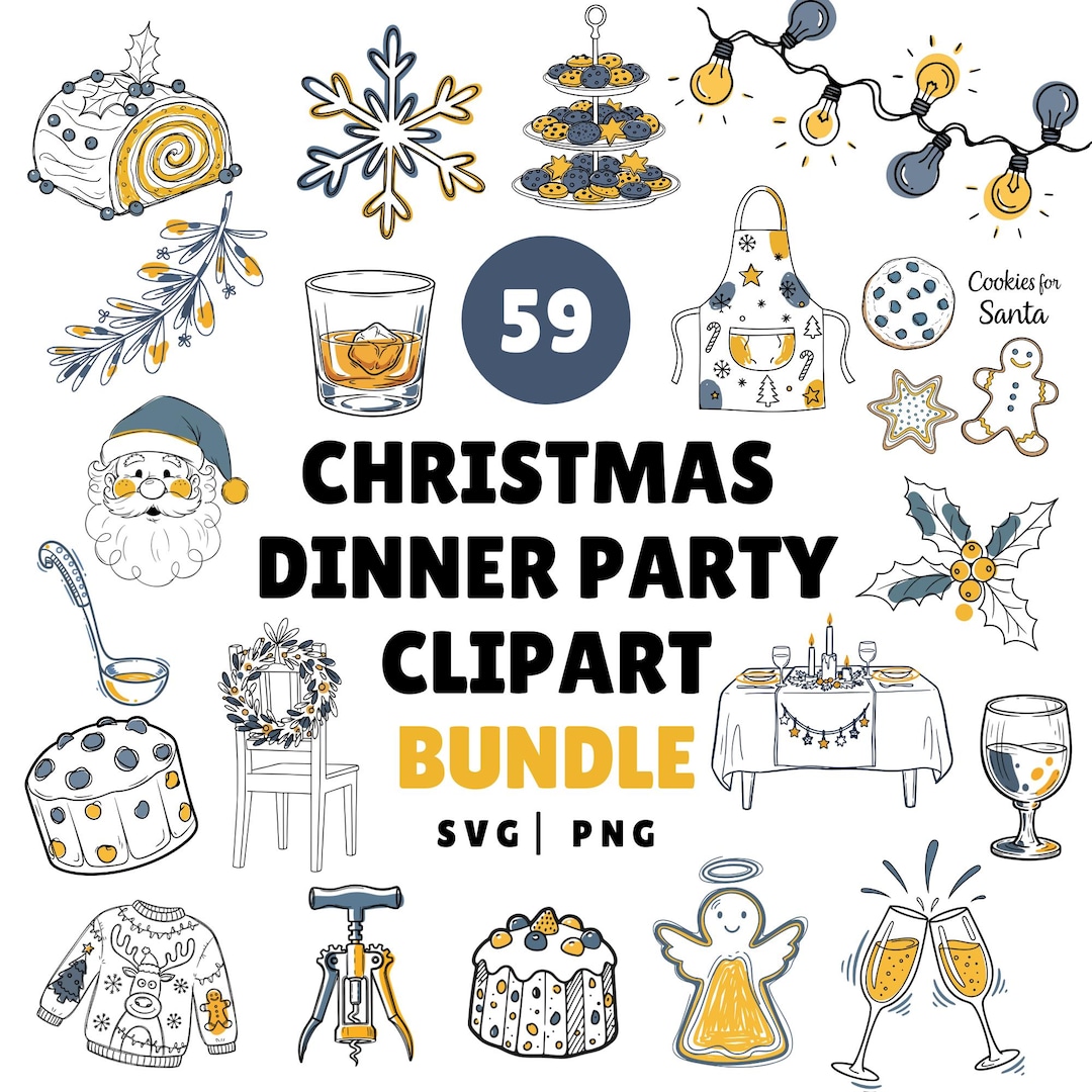 Whimsical Christmas Dinner Party Line Art Clipart (SVG, PNG) - Etsy