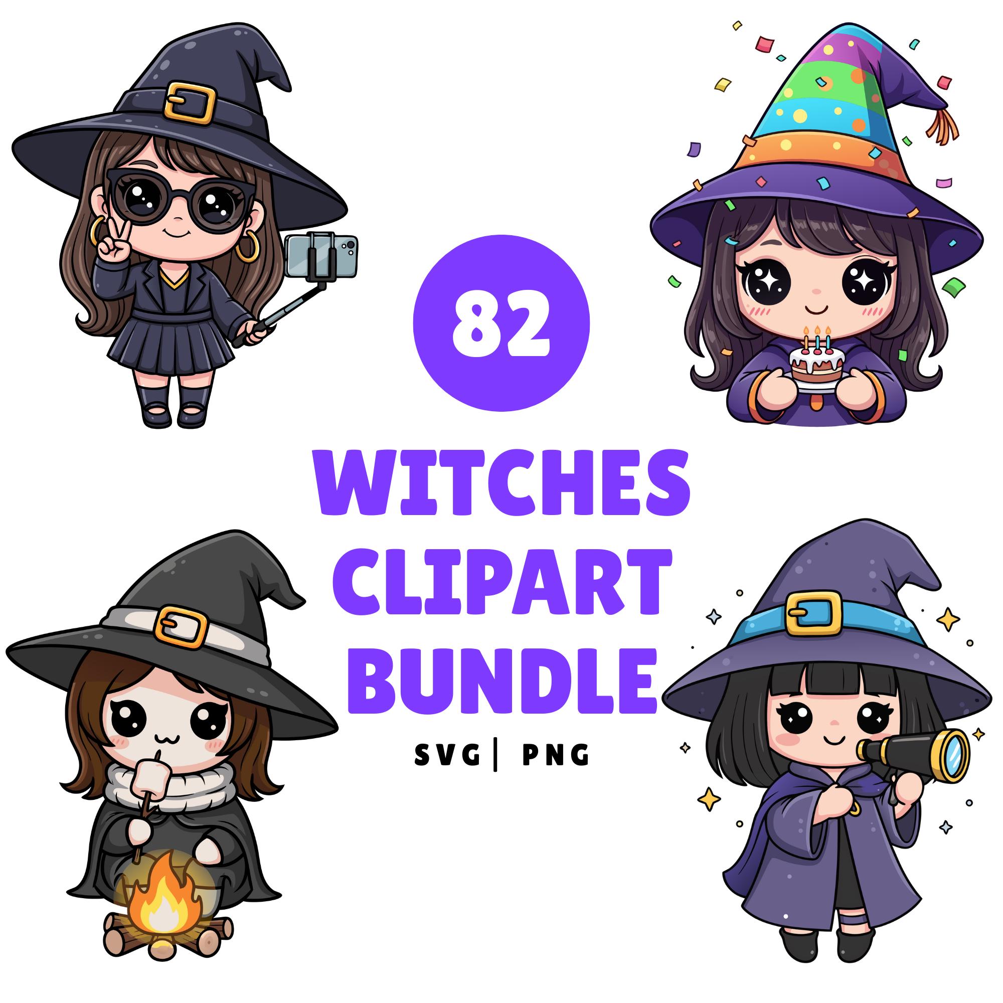 Cute Witches Clipart Bundle Kawaii Halloween PNG and SVG Digital Files ...