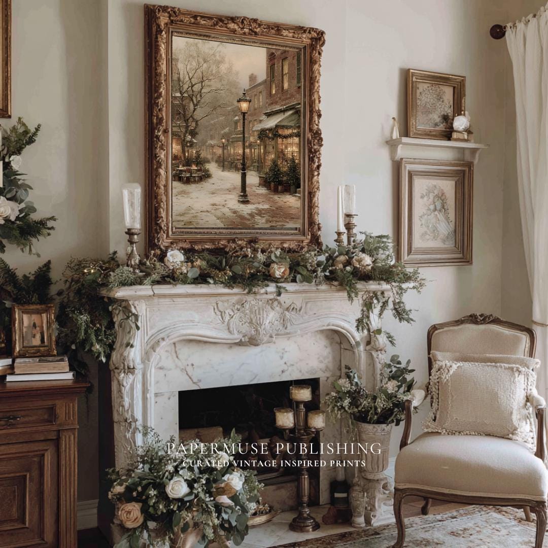 Vintage Christmas Street Art Print, Old World Holiday Village Painting ...