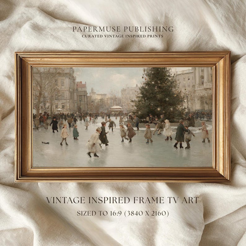 Vintage Christmas Ice Skating Frame TV Art, Children Skating by Tree ...