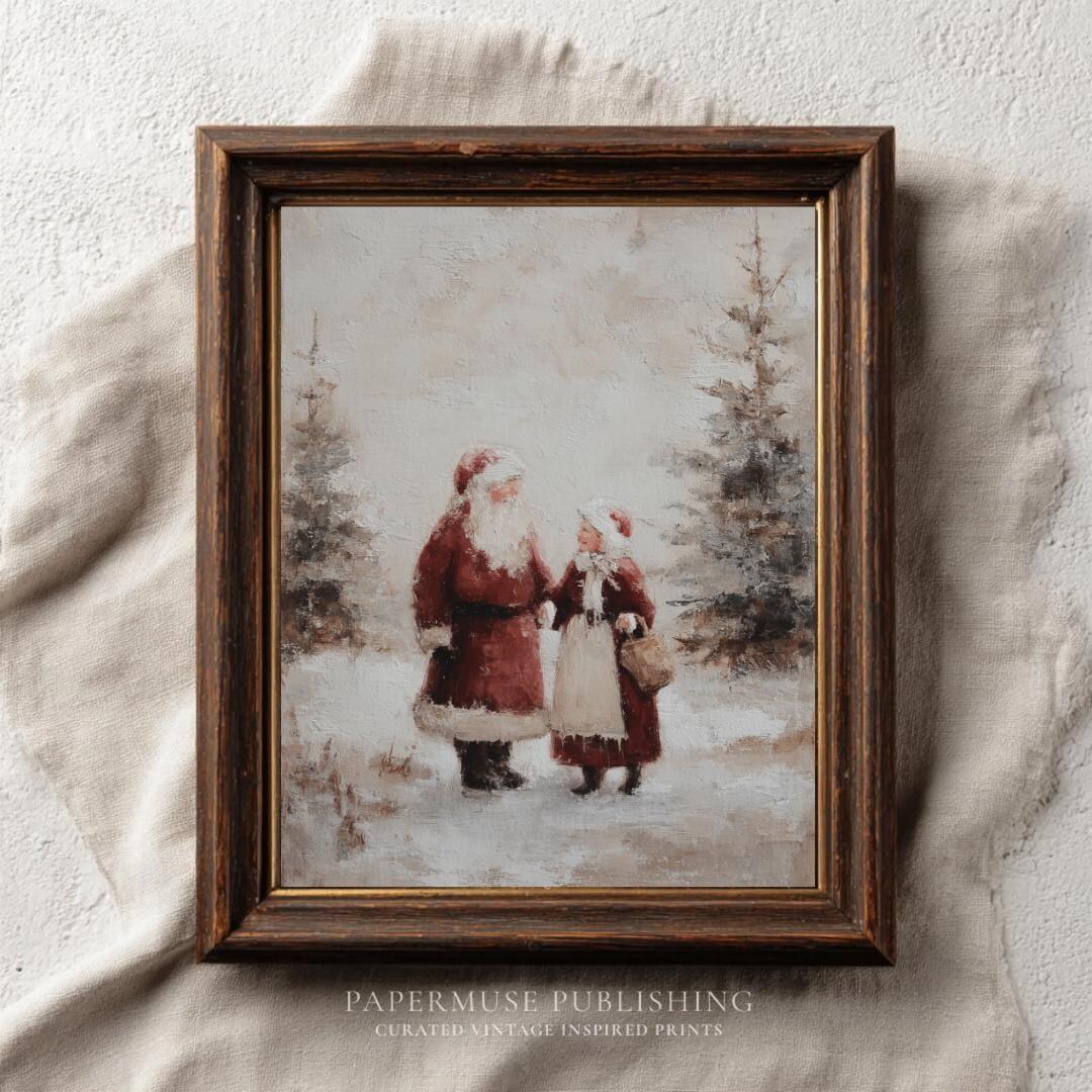Vintage Santa and Mrs Claus Snow Scene, Rustic Christmas Painting ...