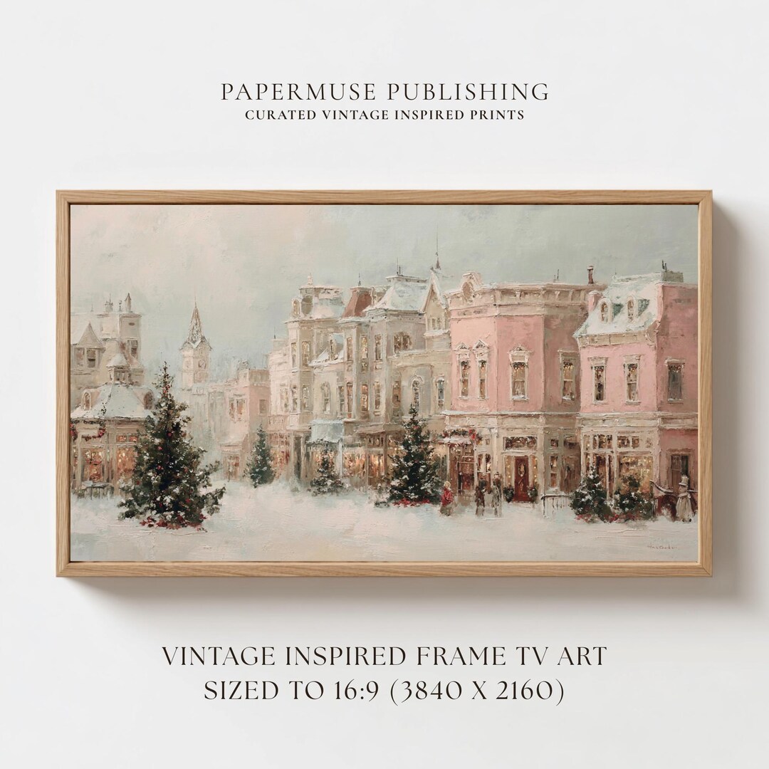 Vintage Christmas Village Frame TV Art, Pink Pastel Winter Town ...