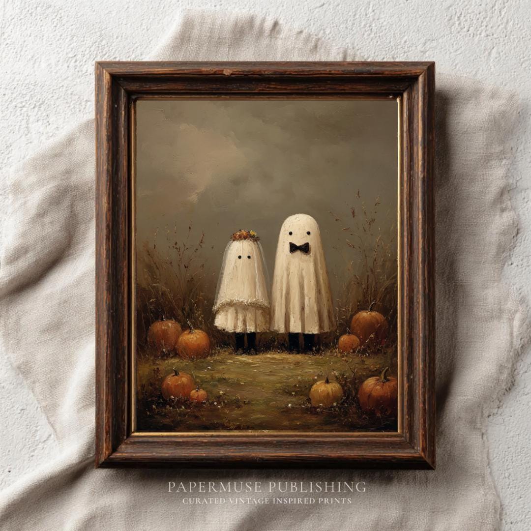 Bride and Groom Wedding Ghost Art Print, Spooky Halloween Fall Painting ...