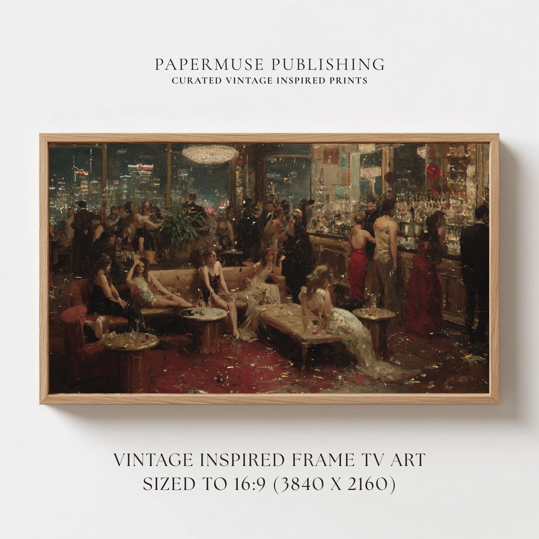 New Year’s Eve Frame TV Art, Vintage NYC Cocktail Lounge Scene, Glam ...