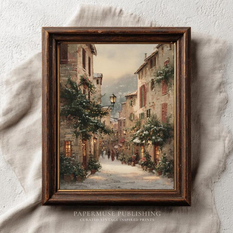 Vintage European Christmas Village Art Print, Old World Winter Street ...