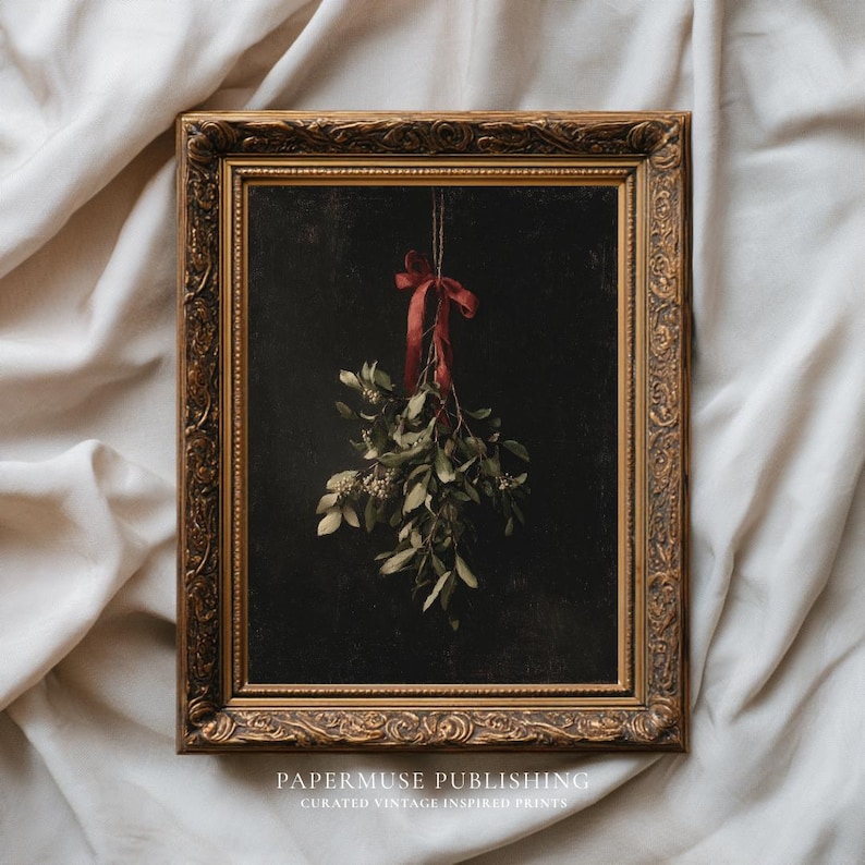 Vintage Mistletoe Christmas Print, Dark Moody Holiday Wall Art, Old ...
