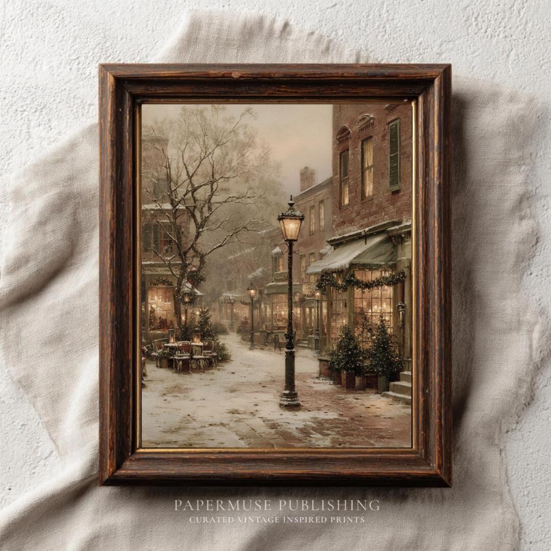 Vintage Christmas Street Art Print, Old World Holiday Village Painting ...