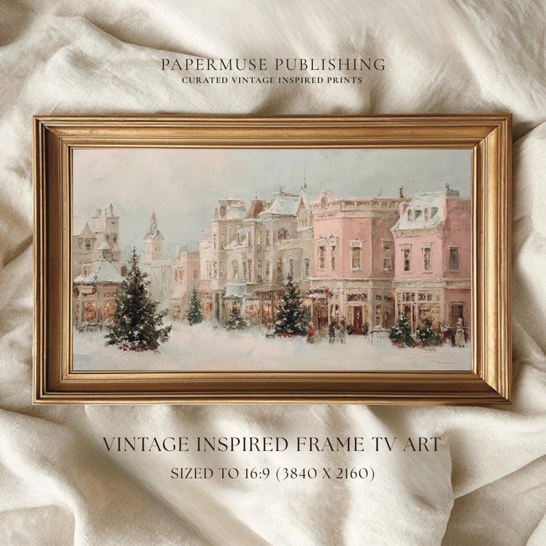 Vintage Christmas Village Frame TV Art, Pink Pastel Winter Town ...