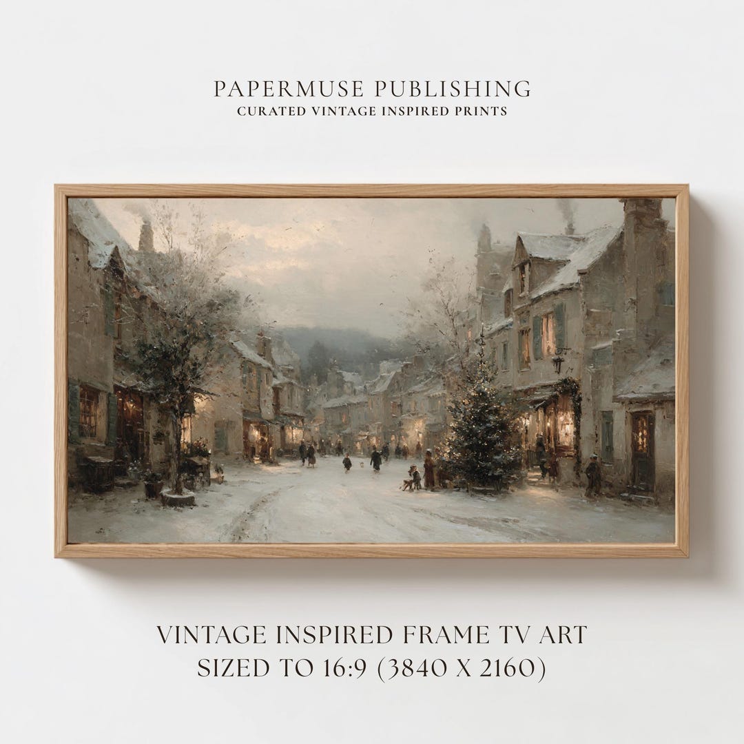Vintage Christmas Village Frame TV Art, Snowy European Street Scene ...