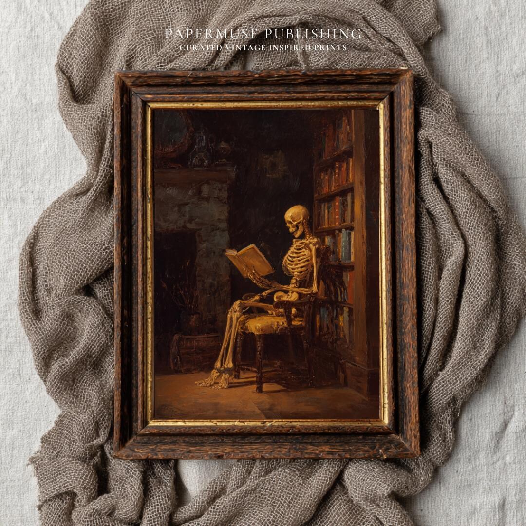 Bookish Skeleton Library Art Print, Spooky Halloween Fall Painting ...