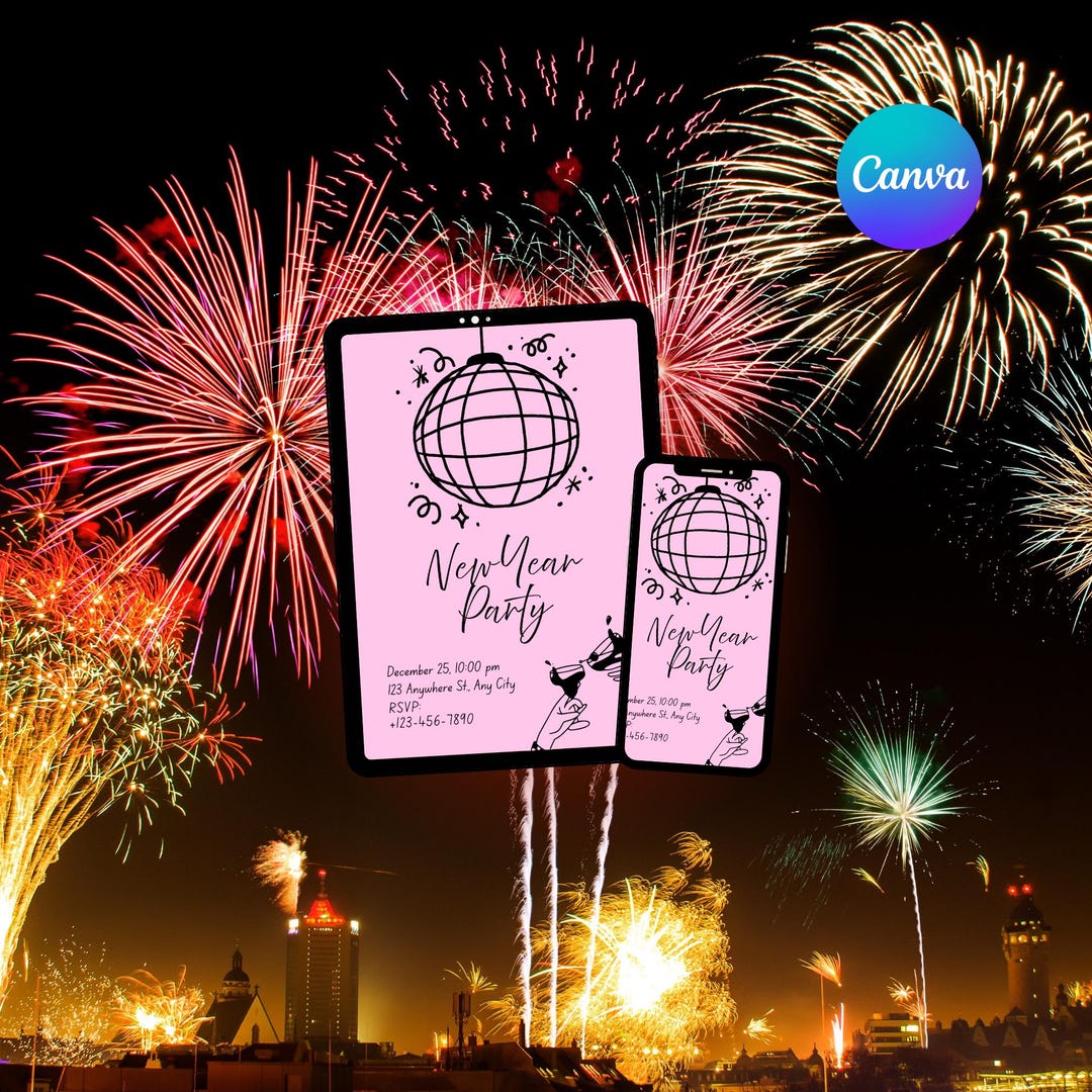New Year’s Eve Invitation Pink, Editable NYE Party Template, Disco Ball ...