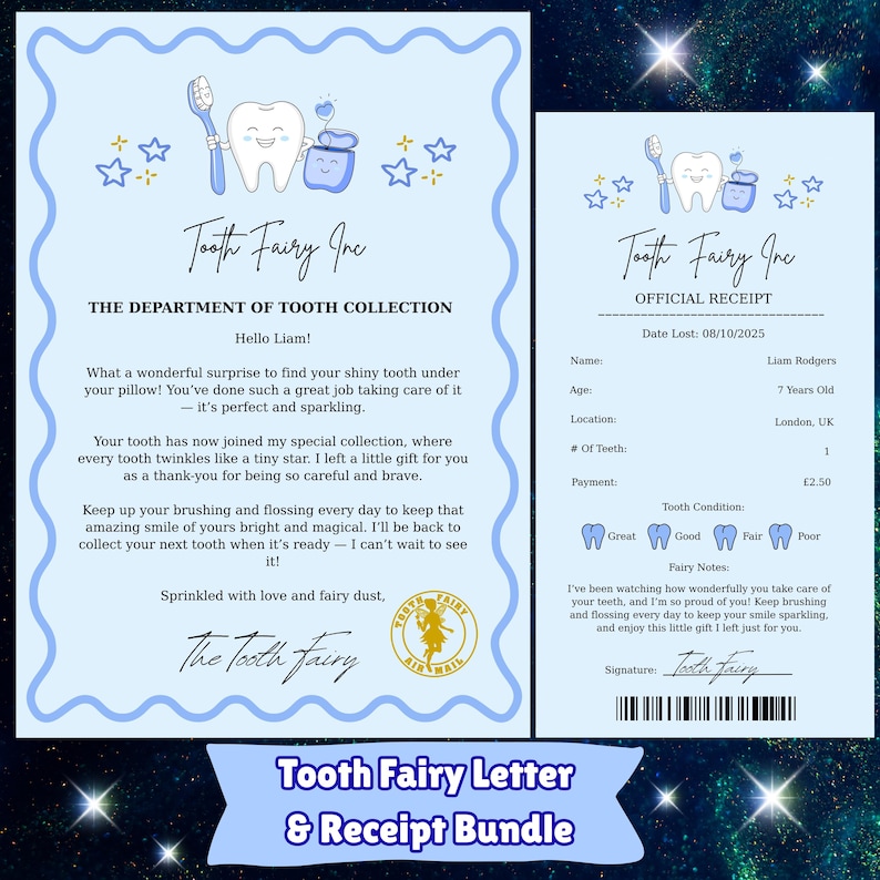 Editable Tooth Fairy Letter & Receipt for Boys | Blue Printable Lost ...