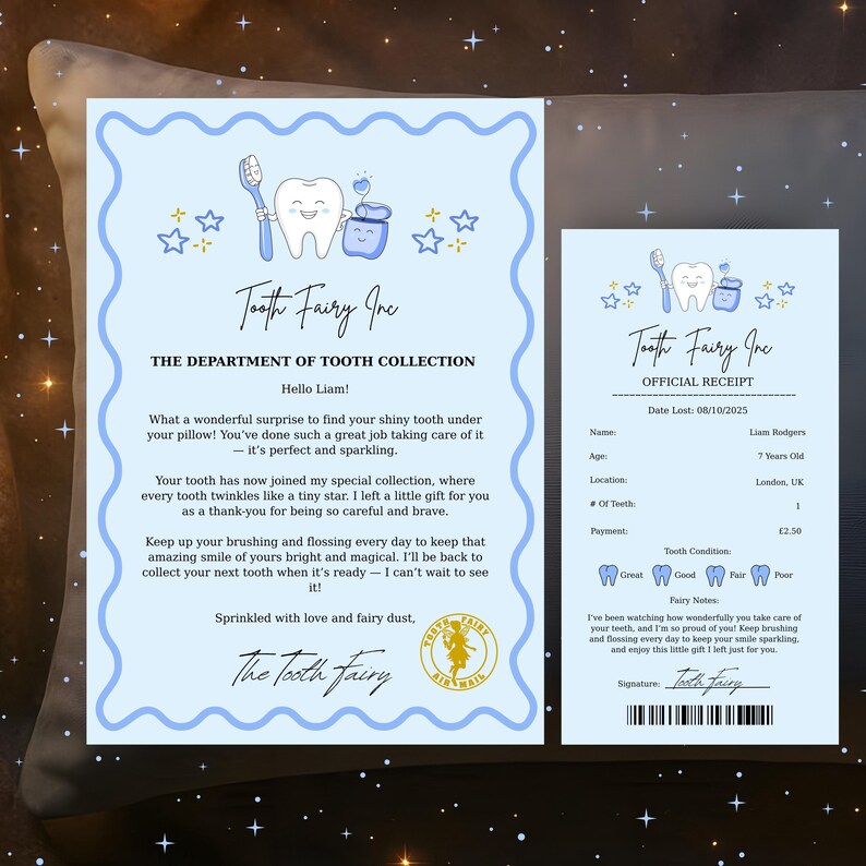 Editable Tooth Fairy Letter & Receipt for Boys | Blue Printable Lost ...
