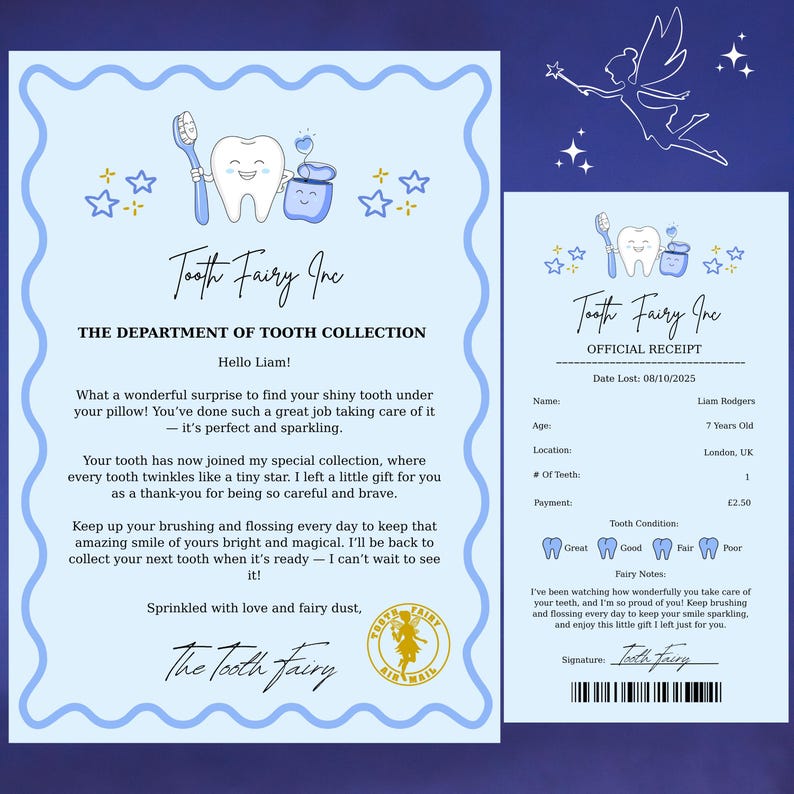 Editable Tooth Fairy Letter & Receipt for Boys | Blue Printable Lost ...