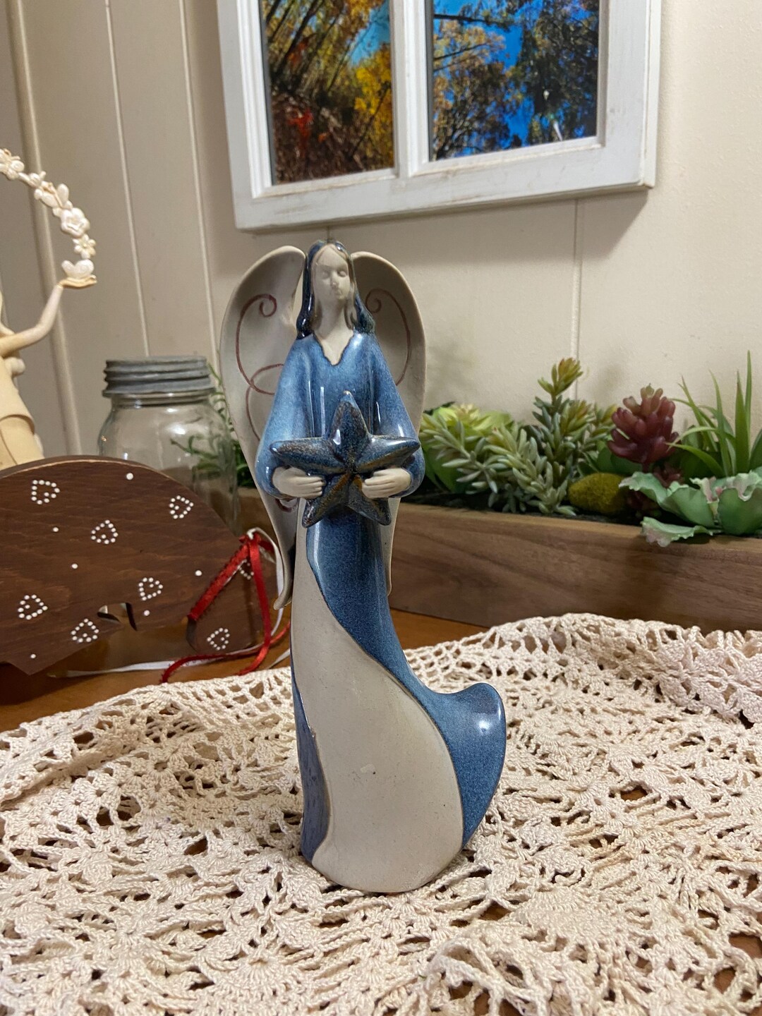 Vintage Blue Ceramic Angel Figurine, Star Accent, Spiritual Decor - Etsy