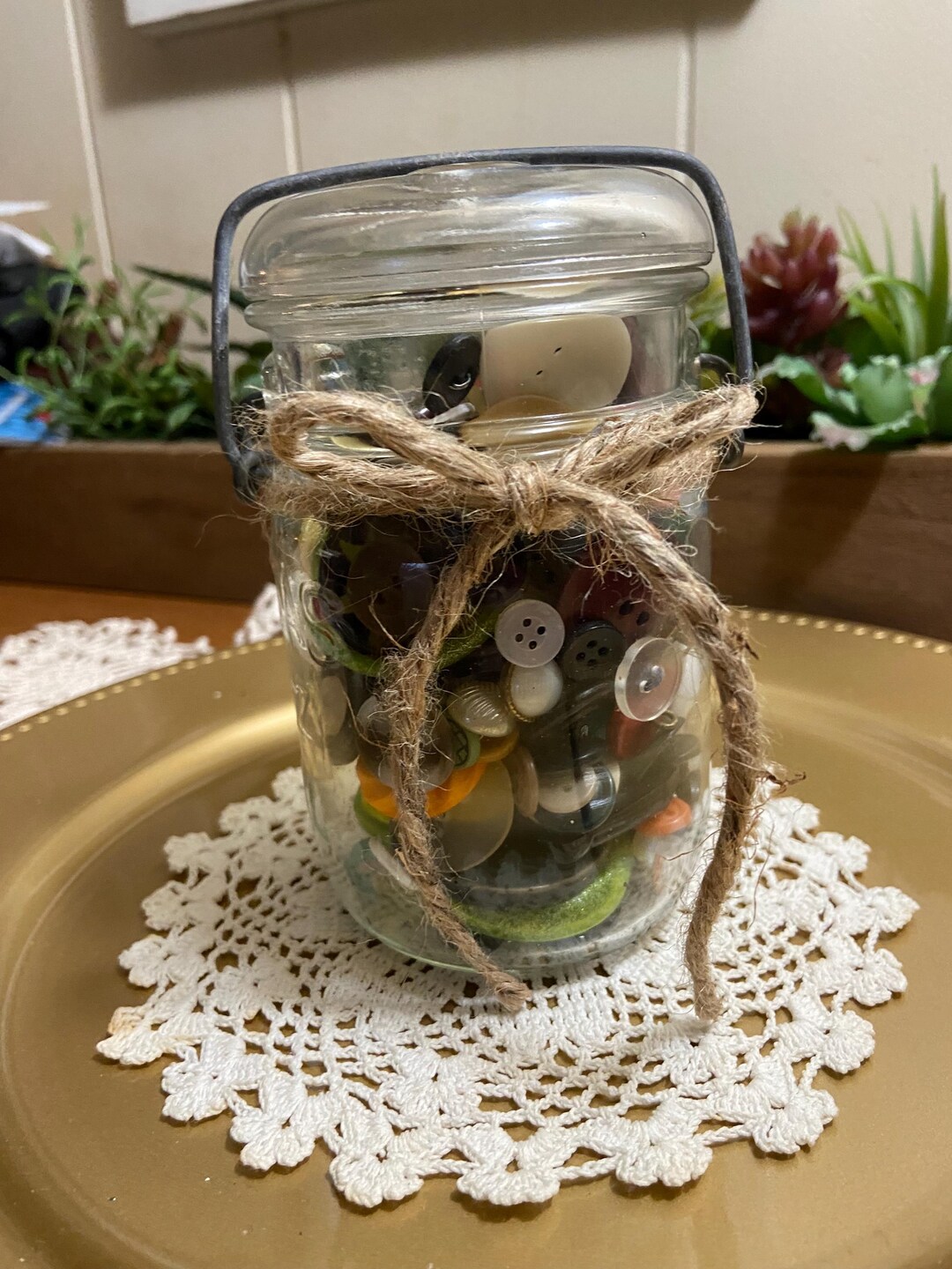 Vintage Button Jar With Mixed Buttons | Glass Jar With Wire Handle ...