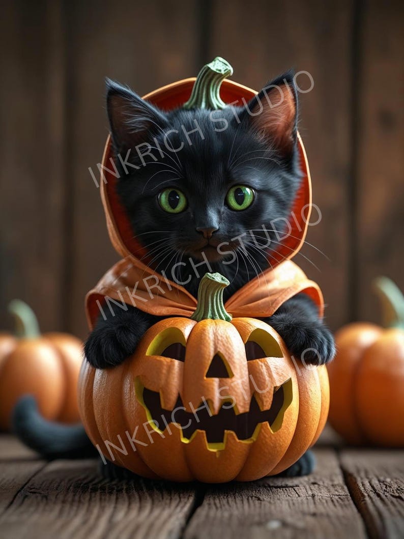 Black Kitten Pumpkin Print | Halloween Cat Wall Art | Cute Pet Costume ...