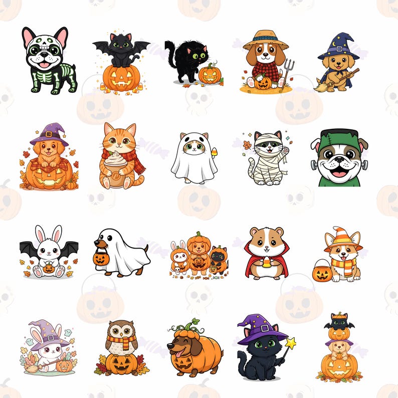 20 Halloween Pets Clipart Bundle | Cute Cartoon Dog Cat Bunny Pngs ...