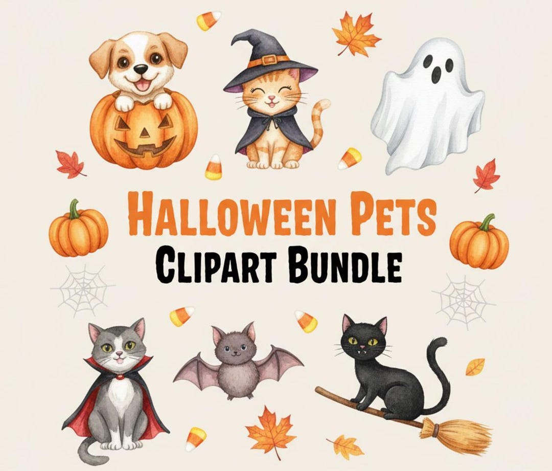 20 Halloween Pets Clipart Bundle | Cute Cartoon Dog Cat Bunny Pngs ...