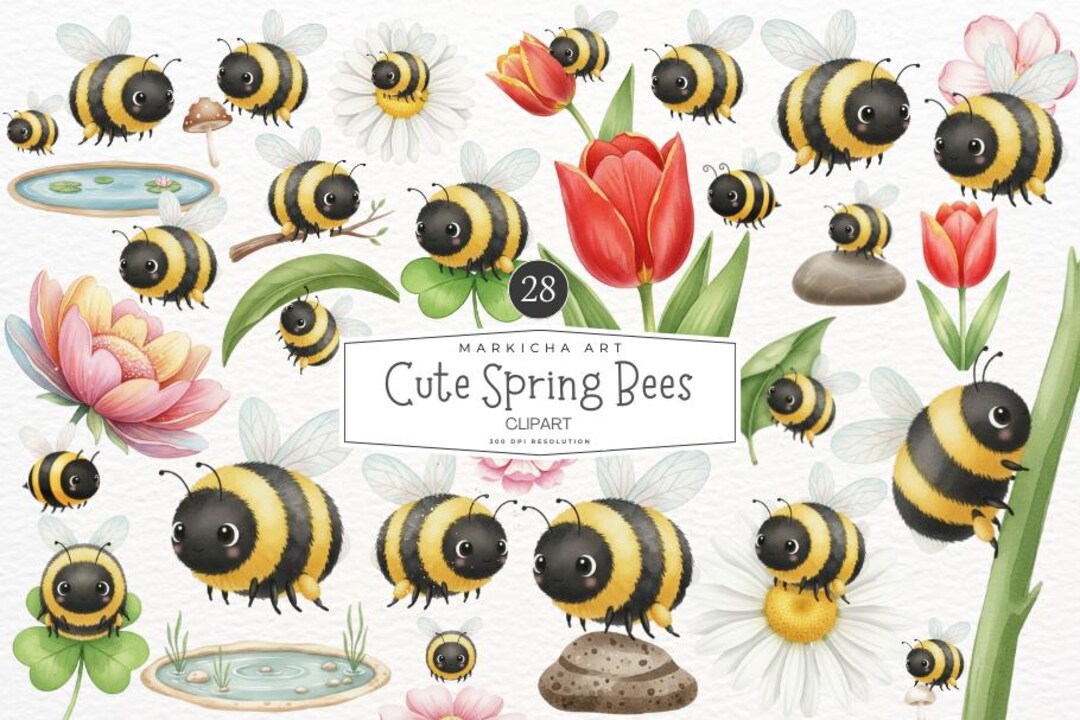 Watercolor Spring Bees Clipart - Etsy